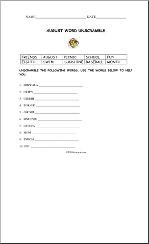 Unscramble the Words: August – Abcteach